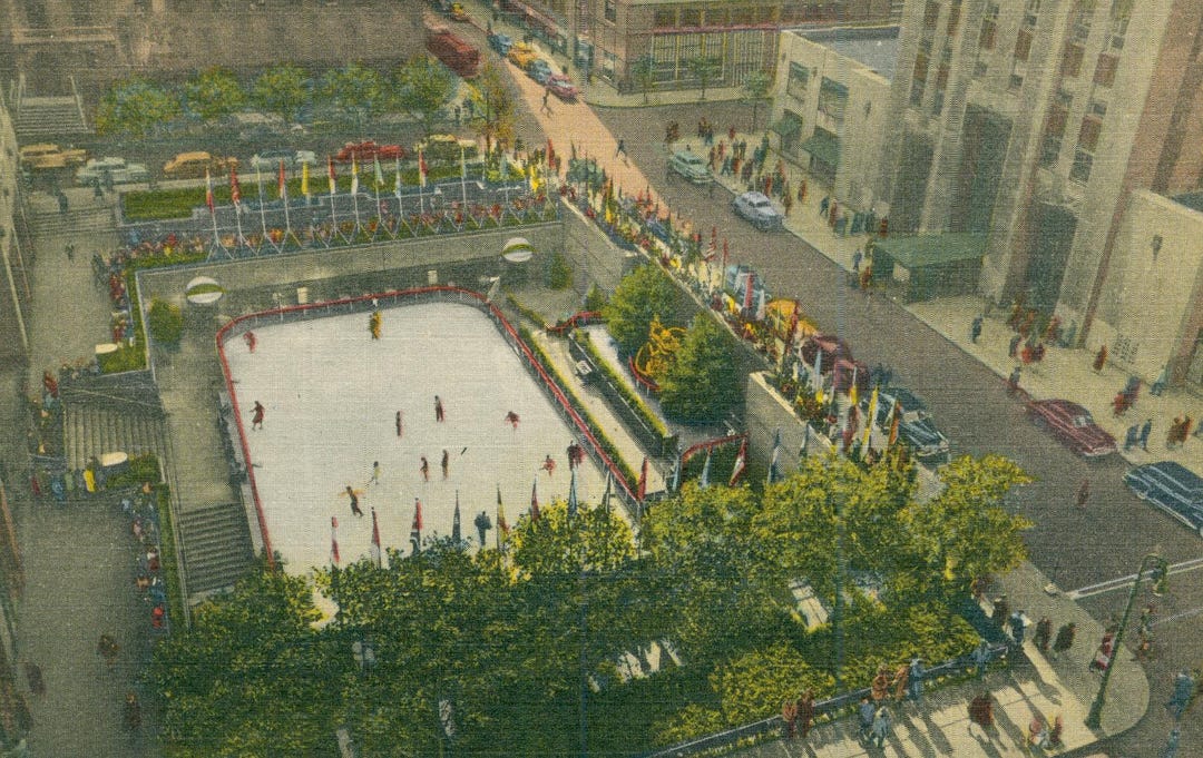 Linen Postcard, New York City, Rockefeller Plaza Outdoor Ice Skating ...