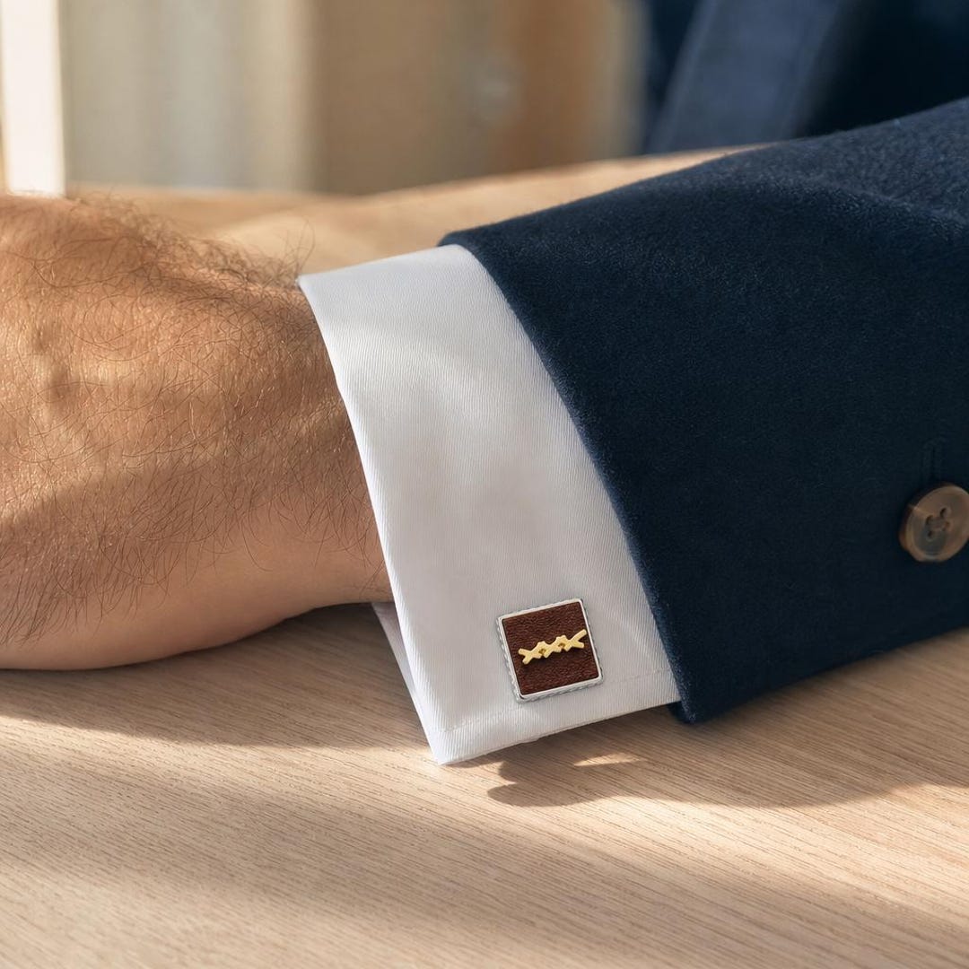 Engraved Leather Cufflinks, 18K Gold Plated Two Tone French Cuff Links ...