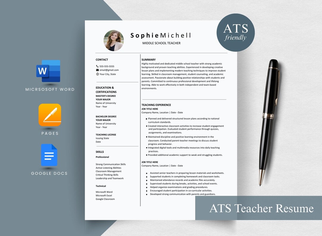 Easy ATS Teacher Resume Template, Professional, Editable, Cover Letter ...