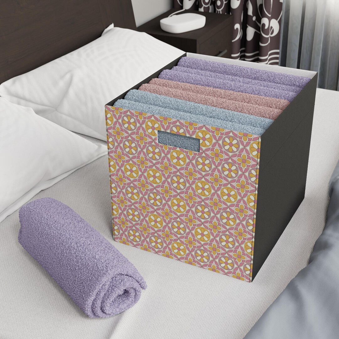 Retro Floral Tile Pattern Felt Storage Box | Pink Yellow Geometric ...
