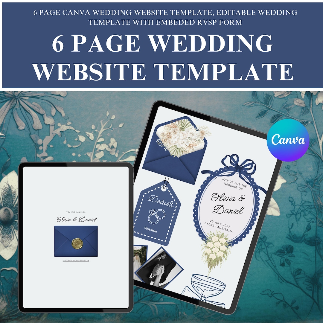 Dark Blue Wedding Website Template Canva Editable 6 Page Wedding Site ...