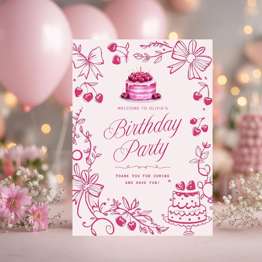 Doodle Cherry Birthday Invitation, Pink Red Bow, Canva Template ...