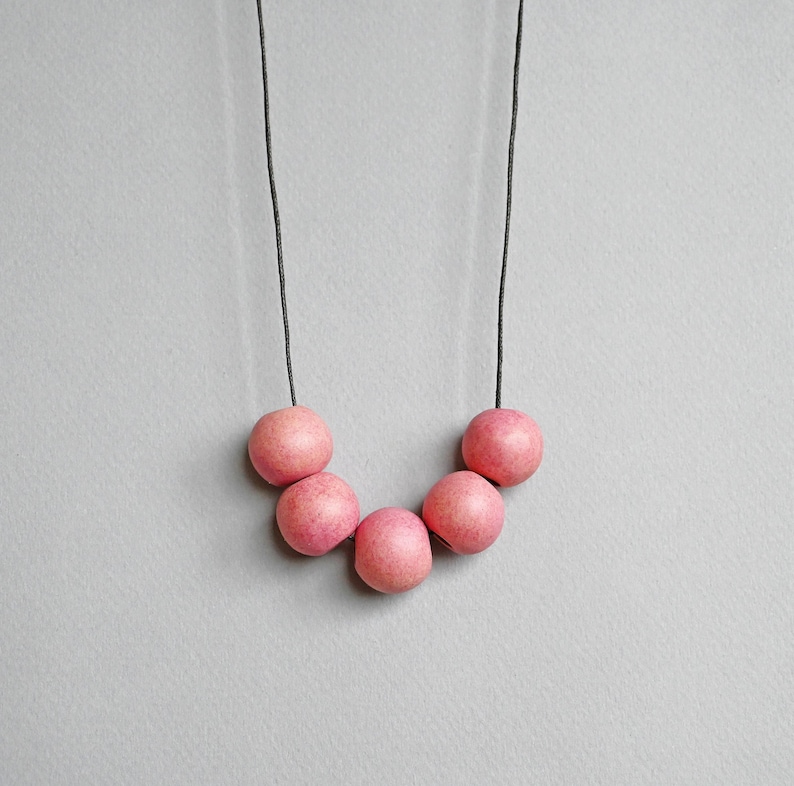 Pale Pink Ceramic Necklace, Rustic Clay Round Beads, Long Adjustable ...