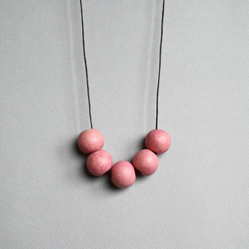 Pale Pink Ceramic Necklace, Rustic Clay Round Beads, Long Adjustable ...