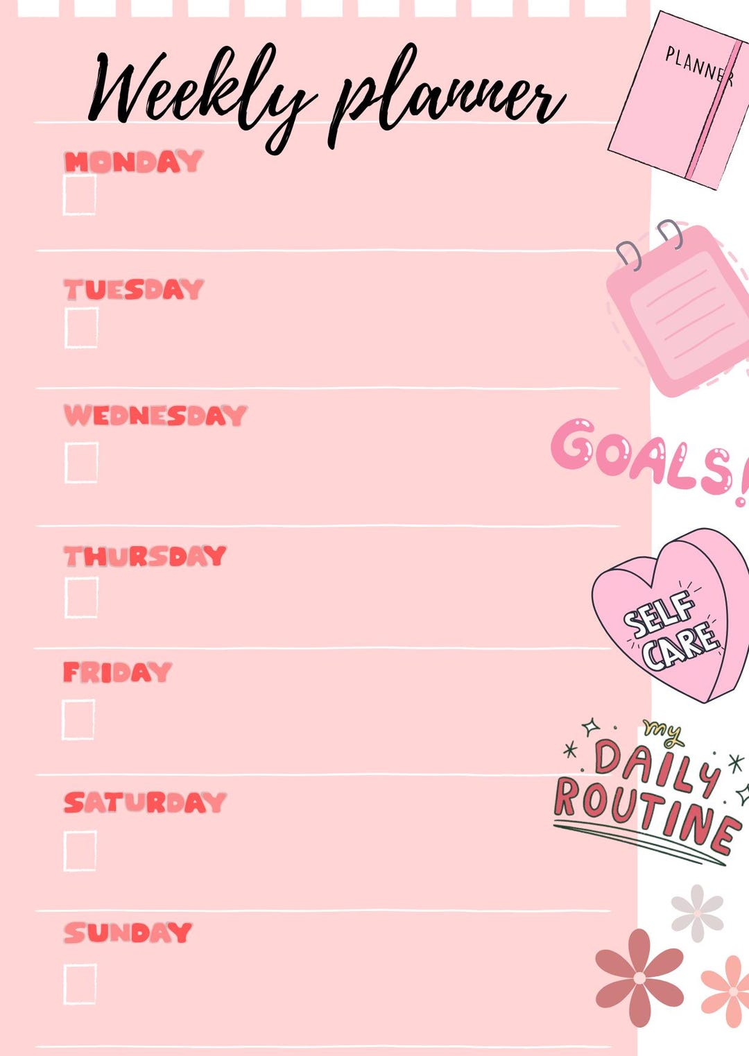 Cute Pink Weekly Planner | Printable Planner Sheet | Self Care & Goals ...