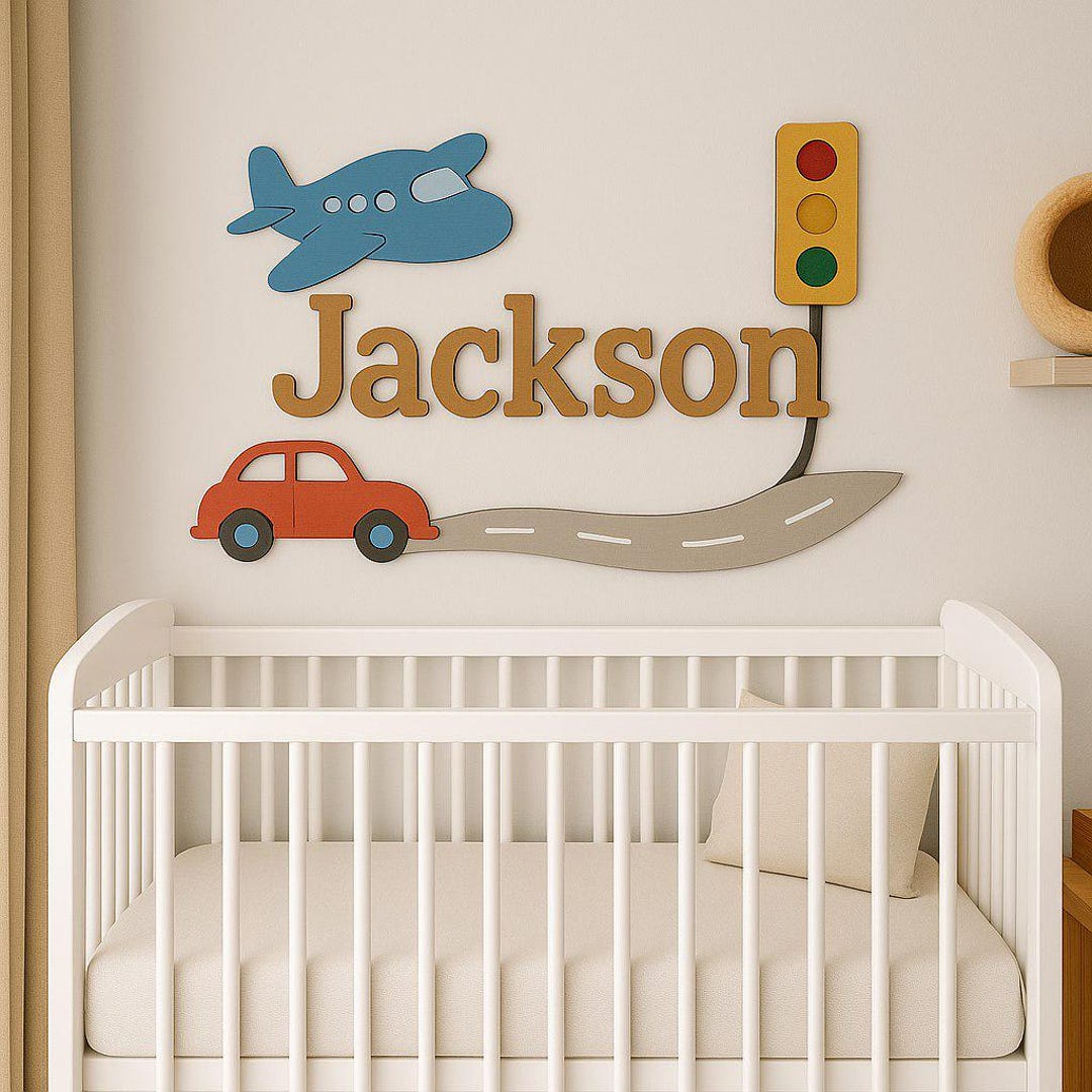 Car and Transport-themed Personalized Baby Name Sign for Nursery, 3D ...