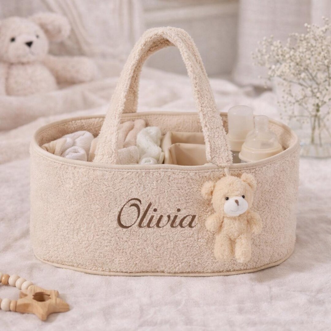 Personalized Baby Diaper Caddy | Bear Charm Nursery Organizer - Etsy