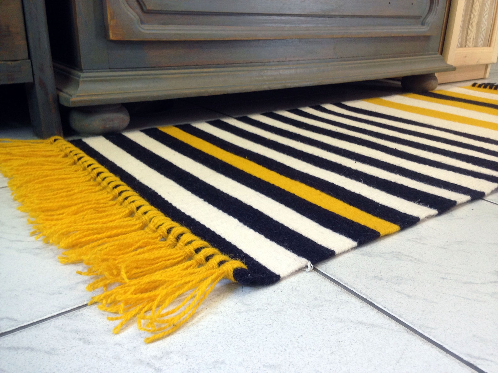 Small Striped Wool Rug "maya the Bee" in Yellow, Black and White. Hand ...