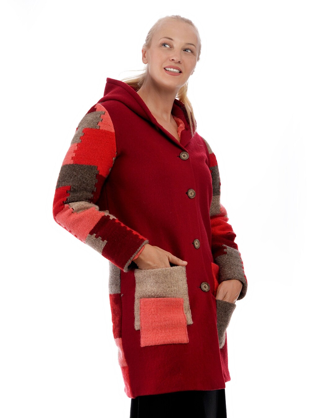 Hand Woven Woman Coat, Red Hooded Weaved Winter Jacket, Wool Warm ...