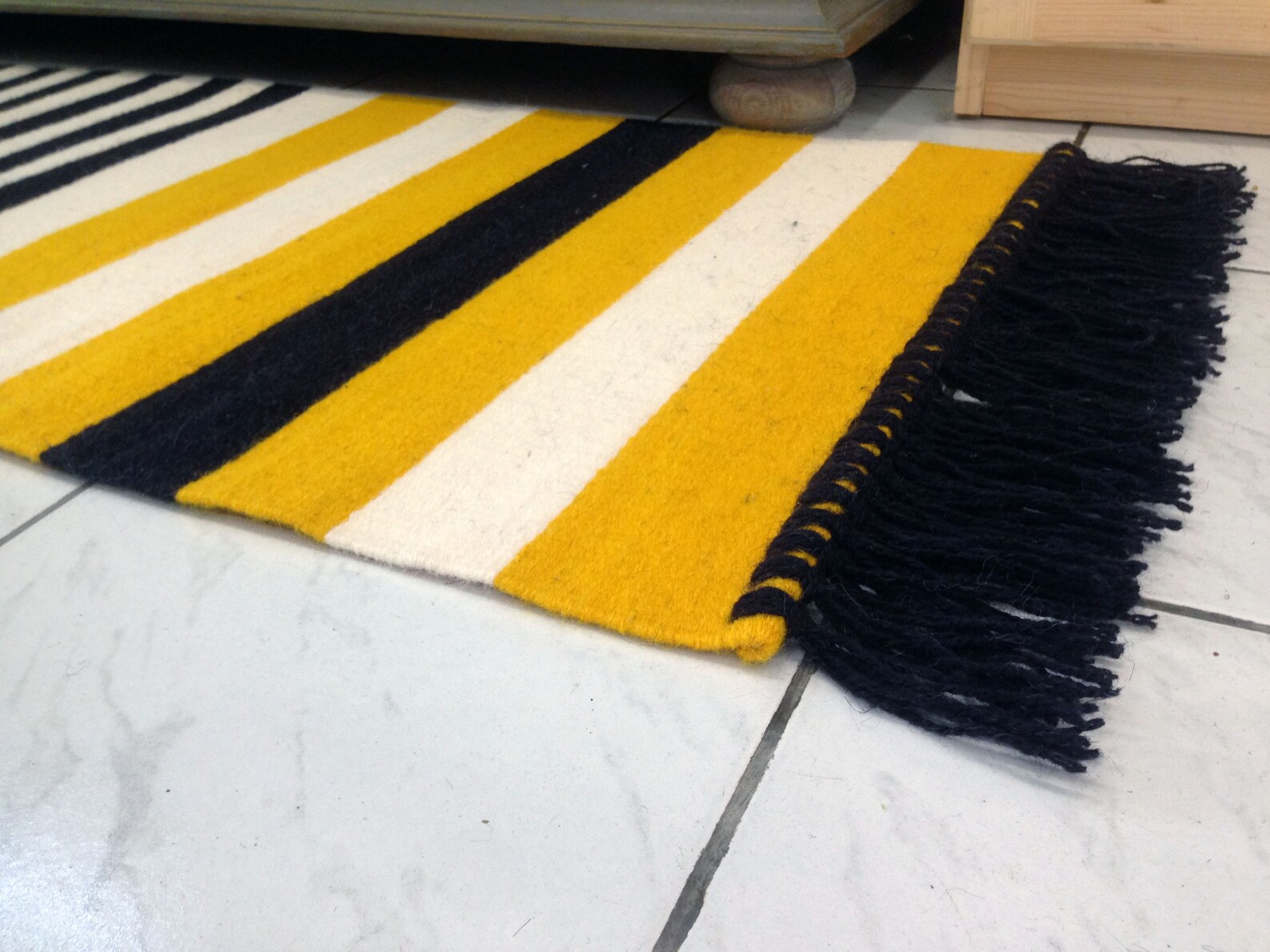 Small Striped Wool Rug "maya the Bee" in Yellow, Black and White. Hand ...