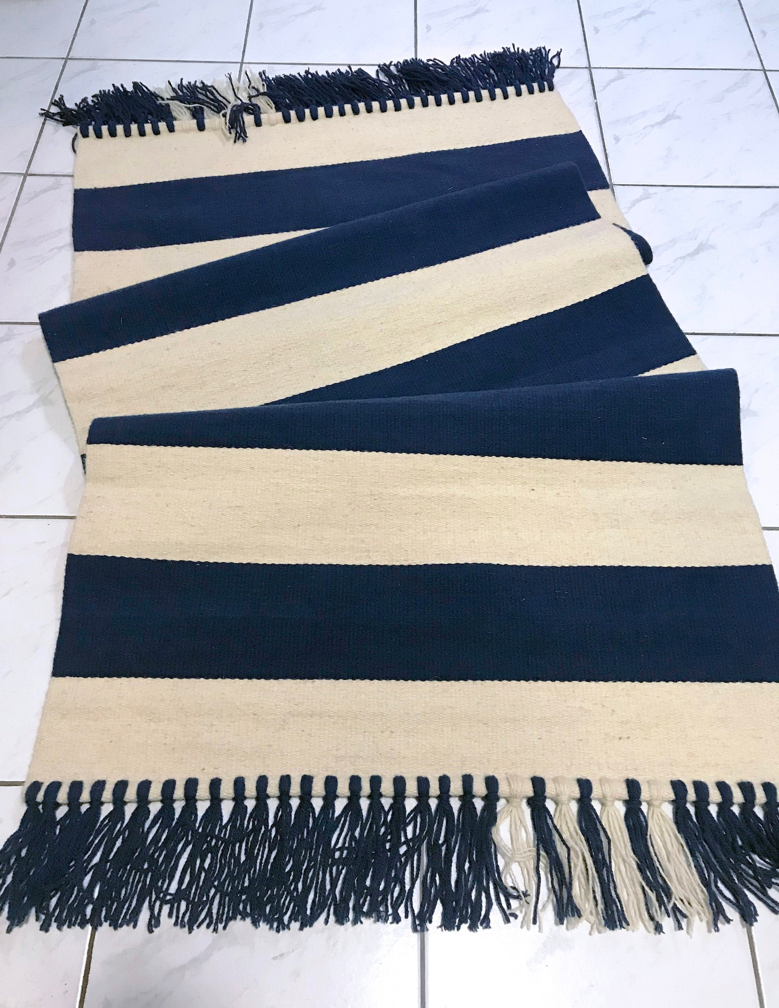 Navy Blue and White Wool Rug, Handwoven Rug Runner, Striped Rug, Area ...