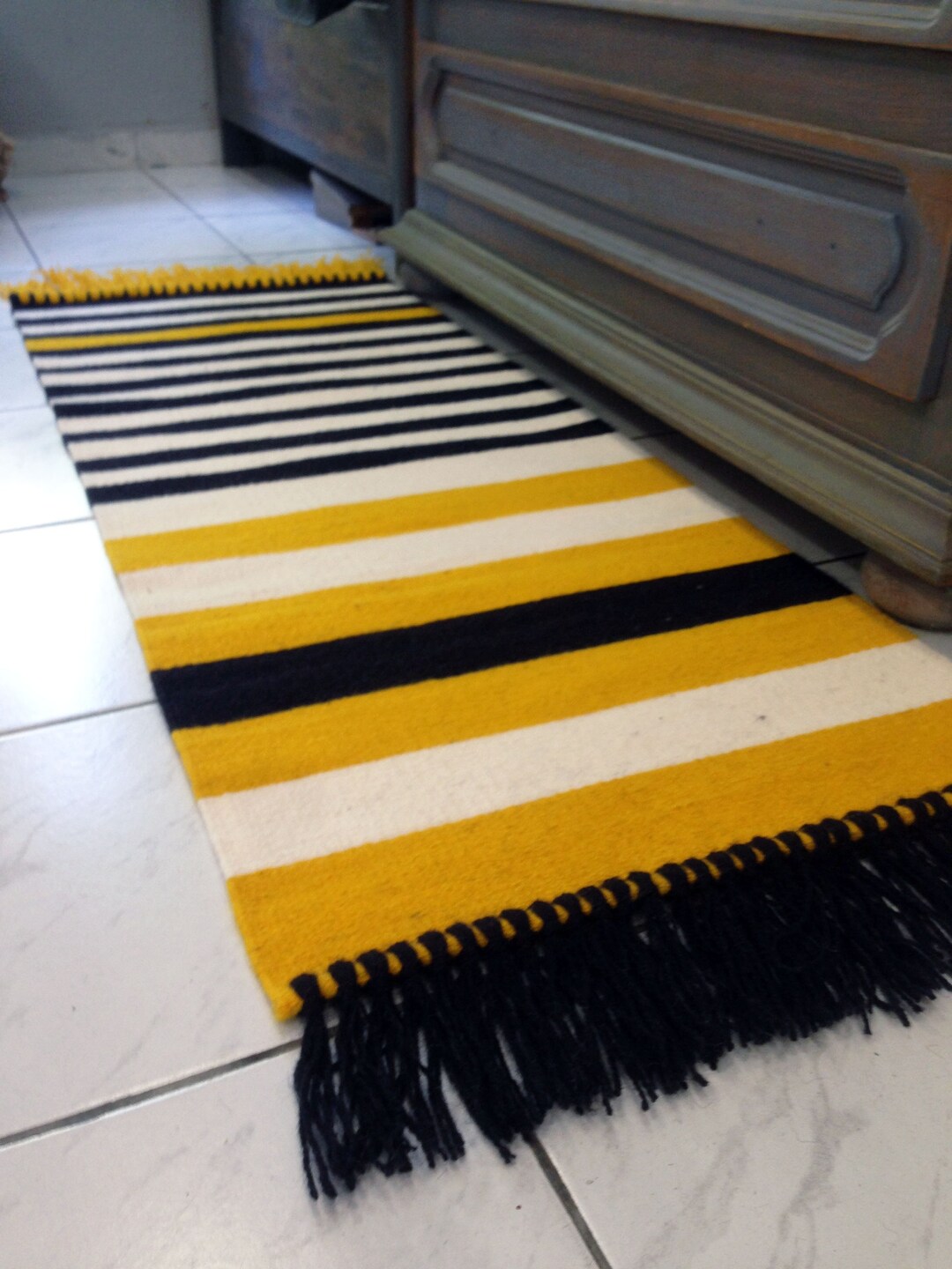 Small Striped Wool Rug "maya the Bee" in Yellow, Black and White. Hand ...