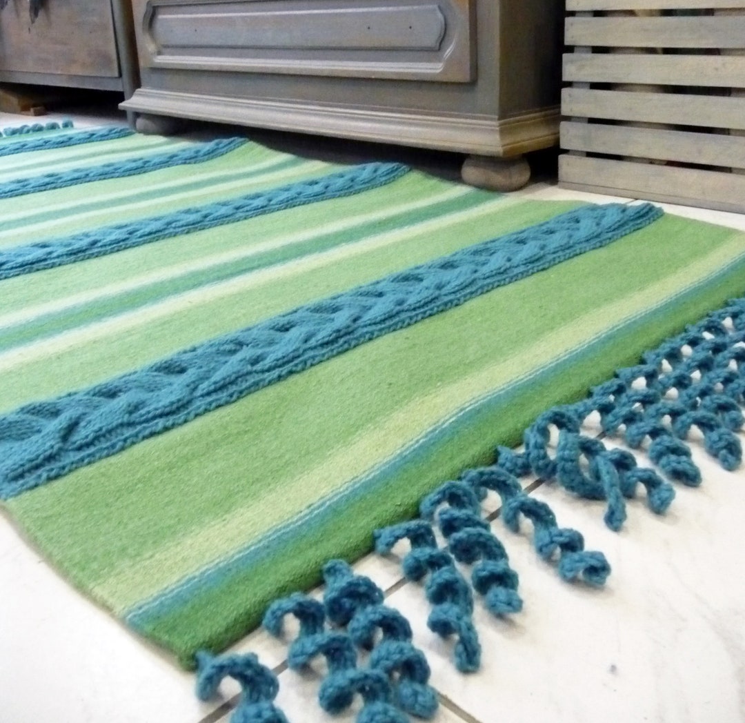 Unique Handwoven Woolen Rug With Cable Knitted Plates and Crocheted ...
