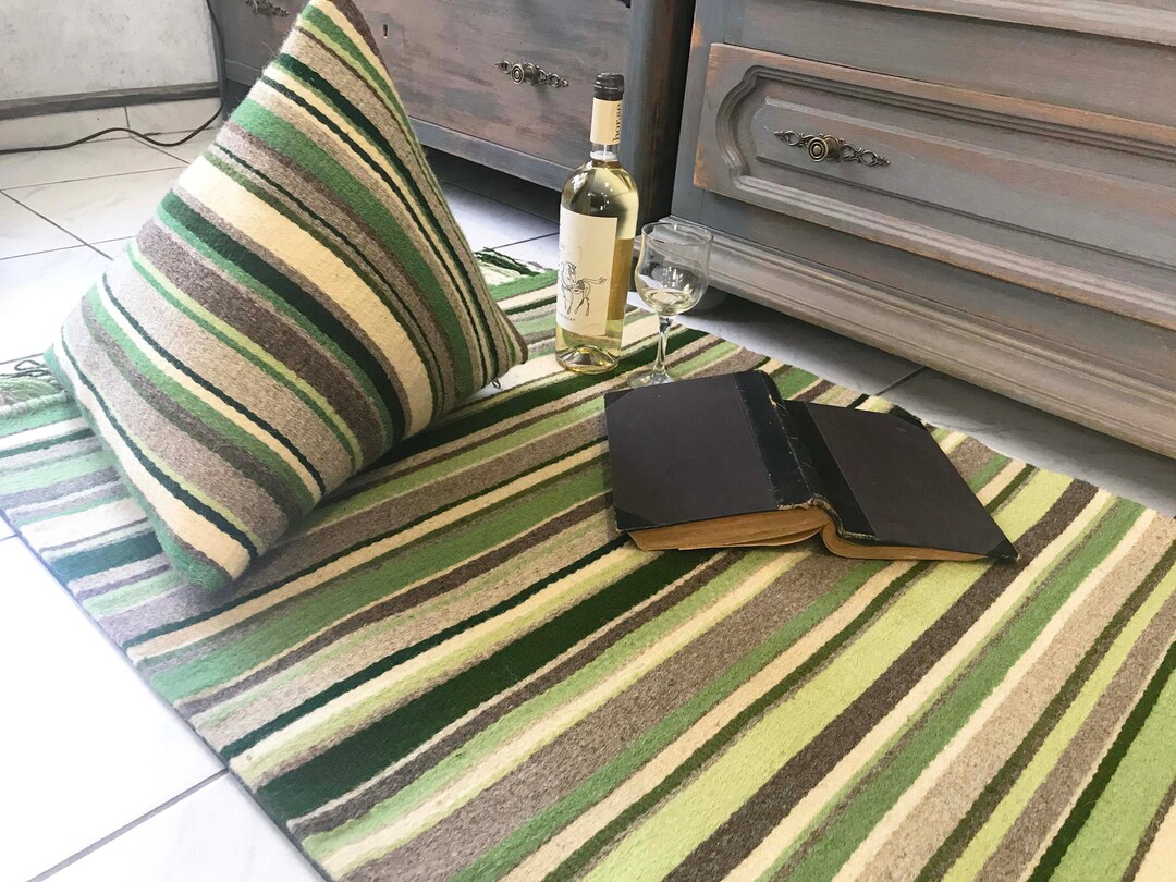 Handwoven Green Pyramid Pillow, Striped Natural Wool Cushion, Cozy ...