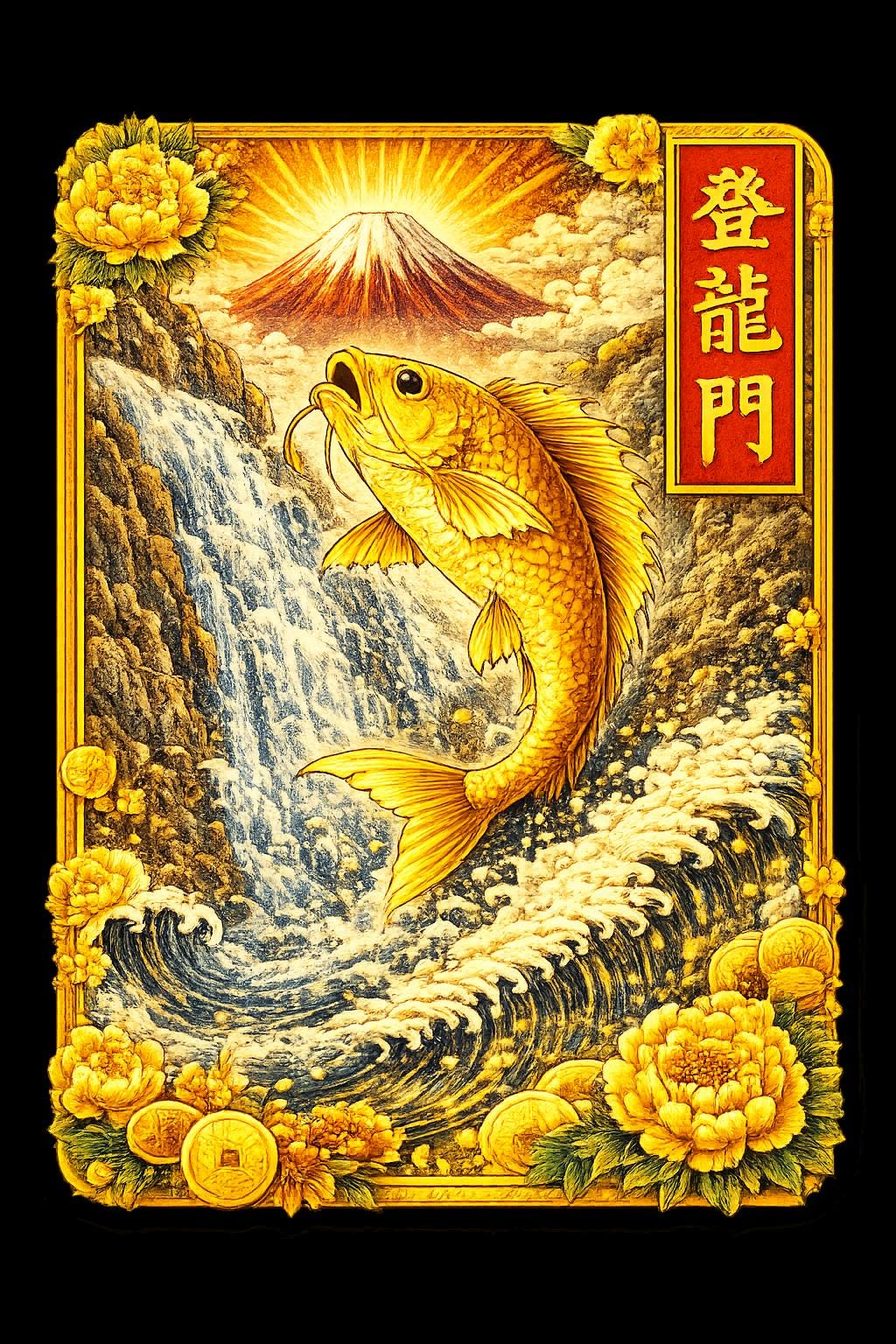 Red Fuji Koi Waterfall Sticker Japanese Prosperity Art Koi Fish ...