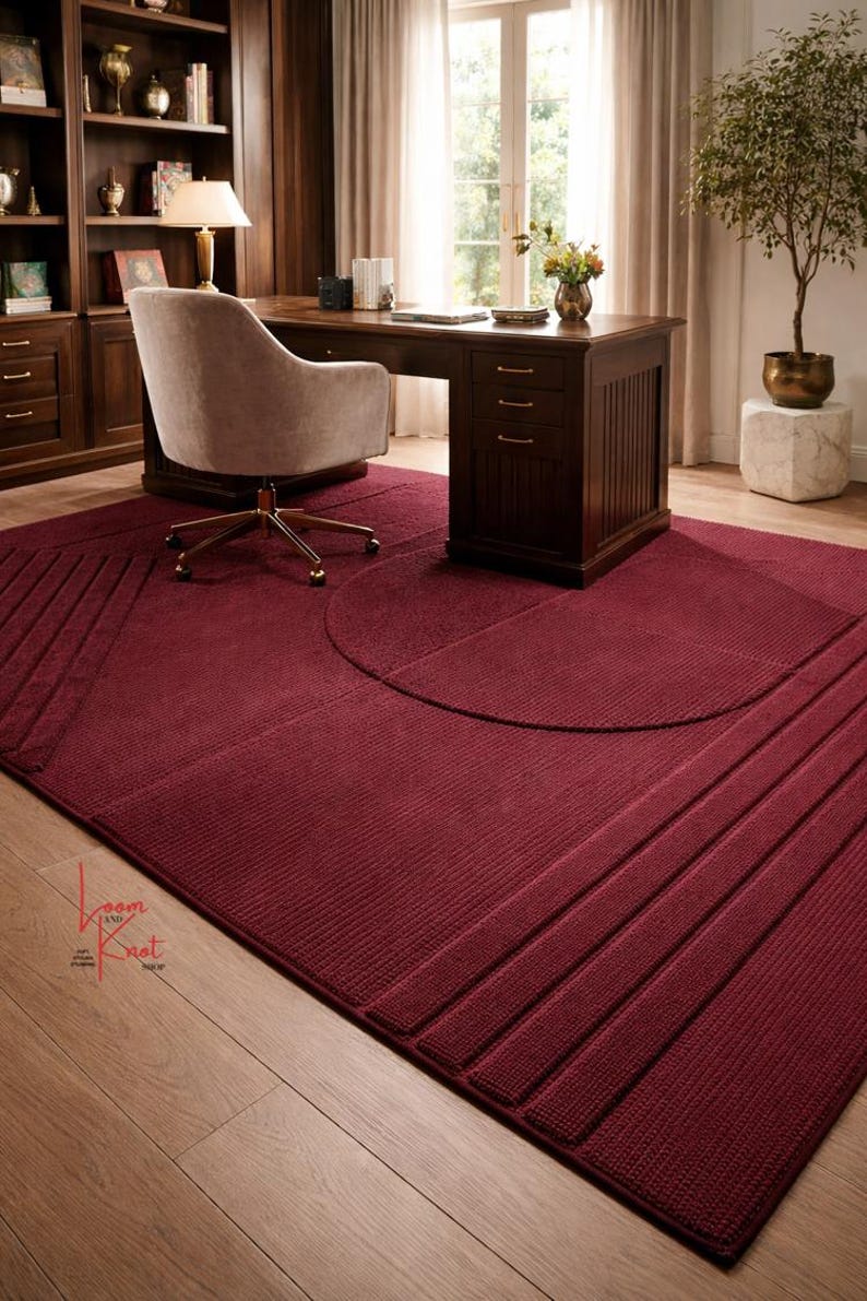 Hand Tufted Wool Rug, Burgundy Red Geometric High Low Carpet, Luxury ...