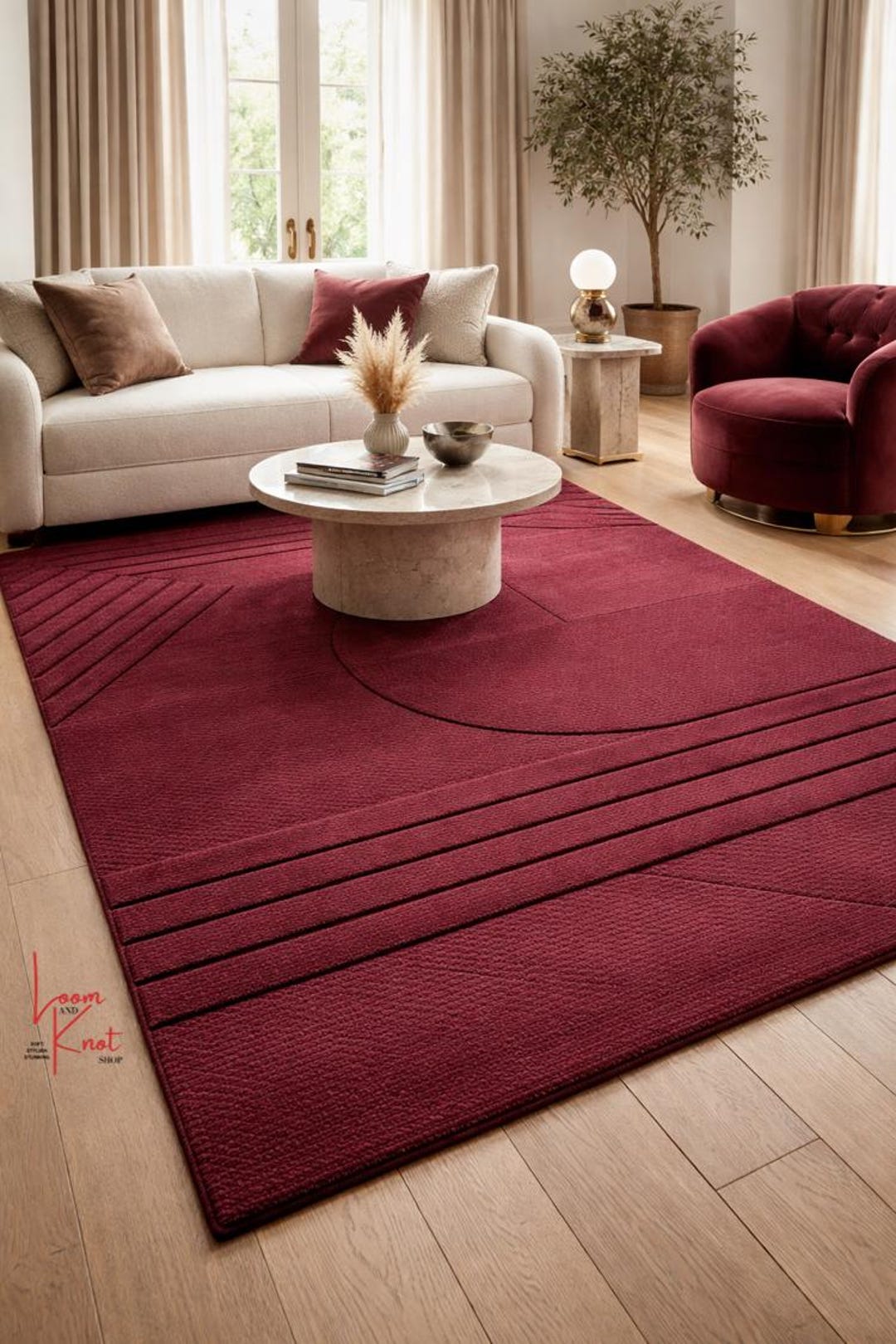 Hand Tufted Wool Rug, Burgundy Red Geometric High Low Carpet, Luxury ...