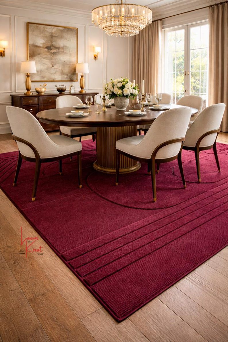 Hand Tufted Wool Rug, Burgundy Red Geometric High Low Carpet, Luxury ...
