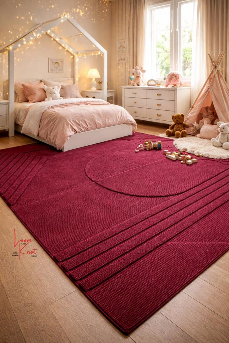 Hand Tufted Wool Rug, Burgundy Red Geometric High Low Carpet, Luxury ...
