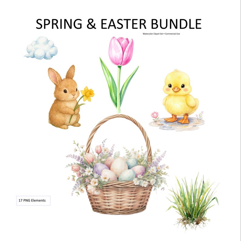 Watercolor Easter Clipart Set | Bunny, Duckling & Flowers (PNG ...