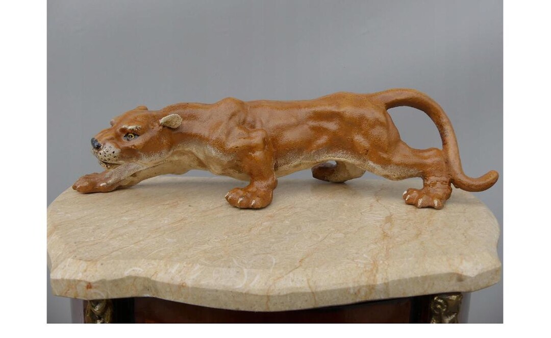 Cast Iron Crouching Puma Cat Figurine – Colorful, 43cm X 10cm, Mint ...