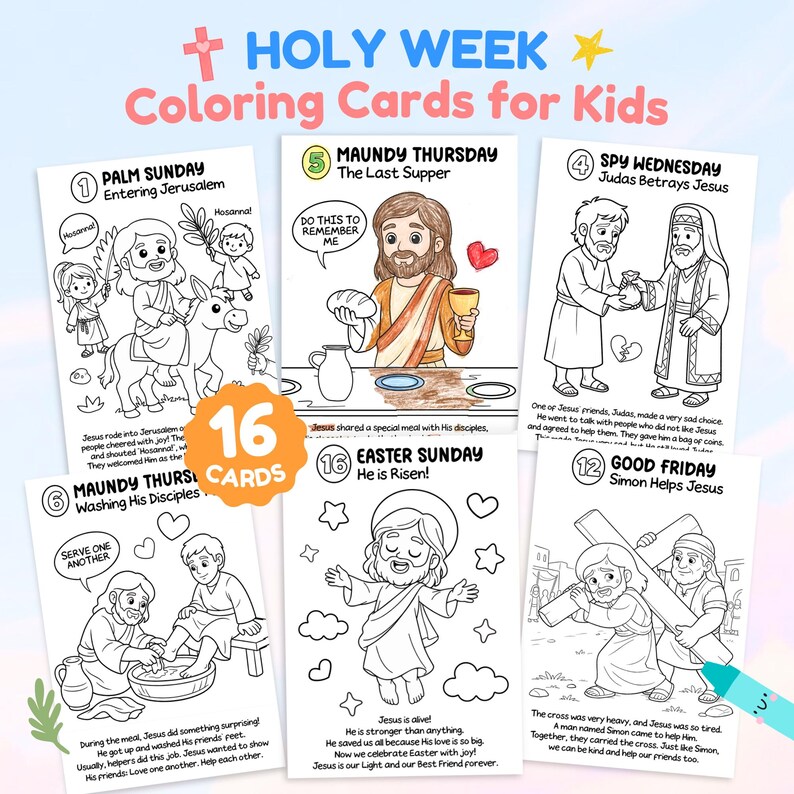 Holy Week Educational Cards, Coloring Sheets for Kids, Easter Story ...