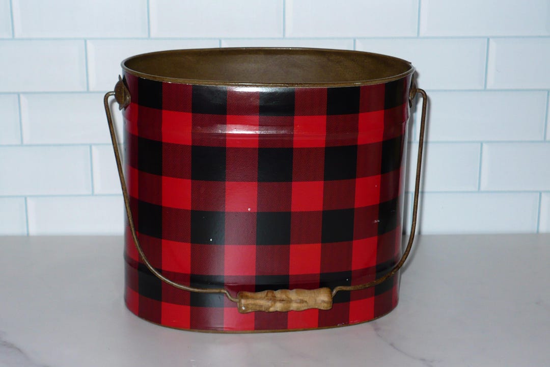 Vintage Black and Red BUFFALO PLAID Metal Pail Tin Bucket ~ Farmhouse ...