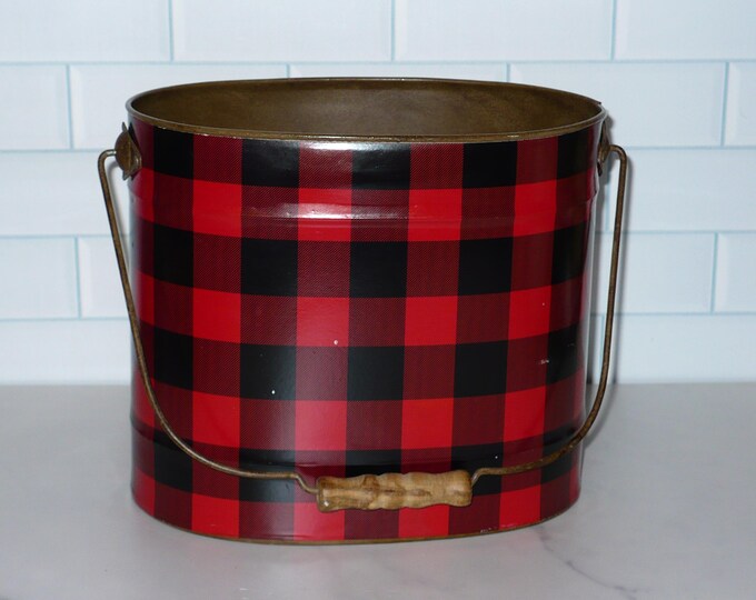 Vintage Black and Red BUFFALO PLAID Metal Pail Tin Bucket ~ Farmhouse ...
