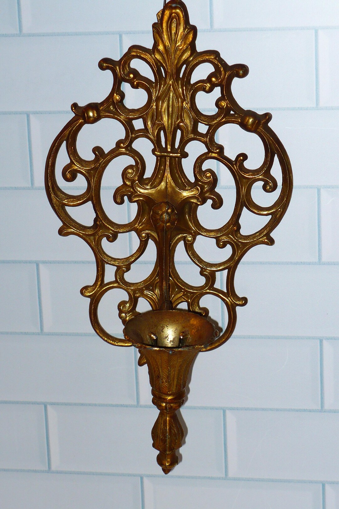 Vintage Brassy Gold Color Metal Scroll Sconce Wall Hanging Candlestick ...
