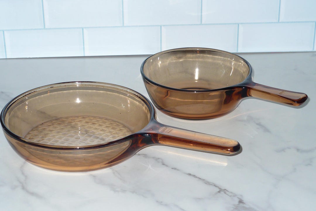 Vintage Corning Ware VISIONS Amber Brown Glass Skillet and Saucepan ...
