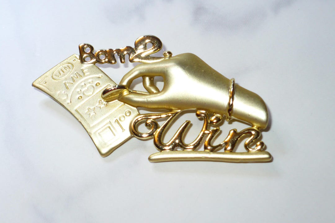 Vintage Gold Tone AJC Born 2 Win Brooch Pin ~ Lottery Gambling Lucky ...