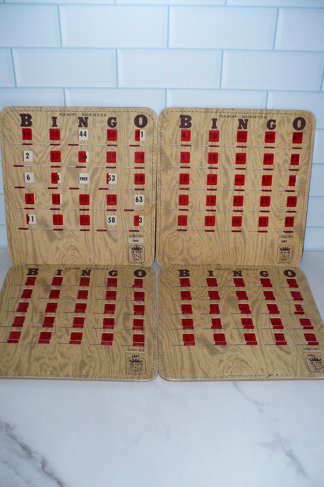 Vintage Pla-mor Bingo King Game Cards Stitched Slide Shutter Faux Wood ...