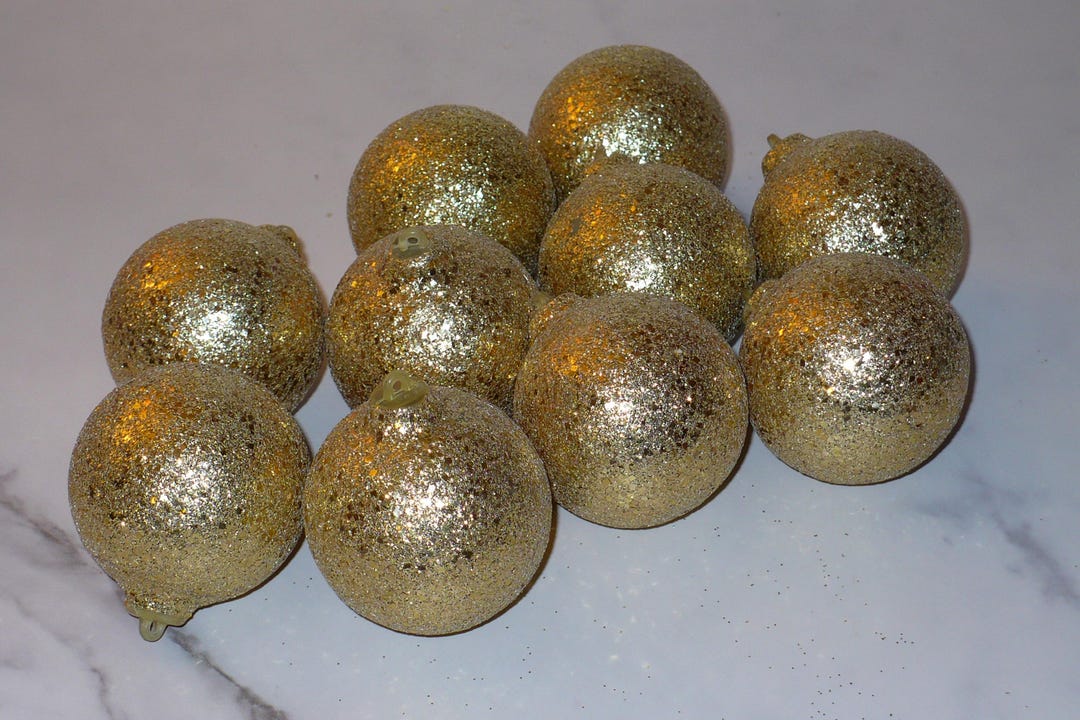 10 Vintage Gold Glitter Plastic Christmas Tree Ornaments ~ Gold Glitter ...