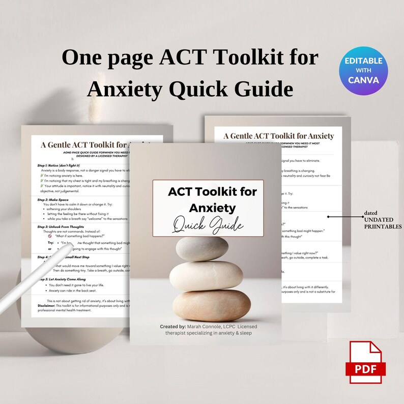 One Page ACT Toolkit for Anxiety | Acceptance Commitment Therapy Quick ...