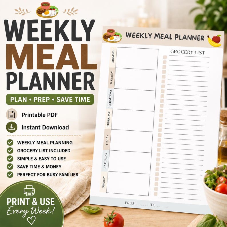 Weekly Meal Planner Printable PDF | Grocery List , Meal Prep Template ...