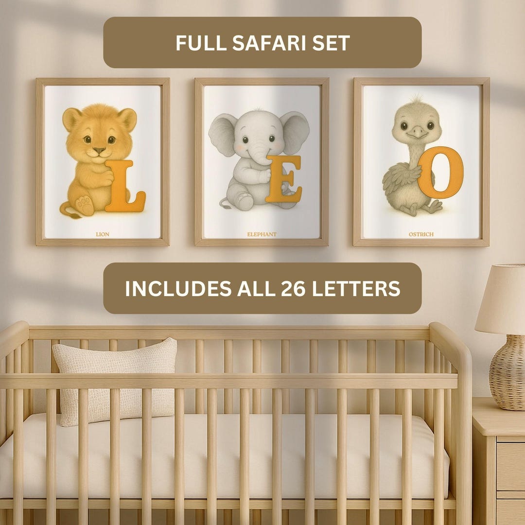 Safari Alphabet Nursery Wall Art, Animal Alphabet Prints, Baby Name ...