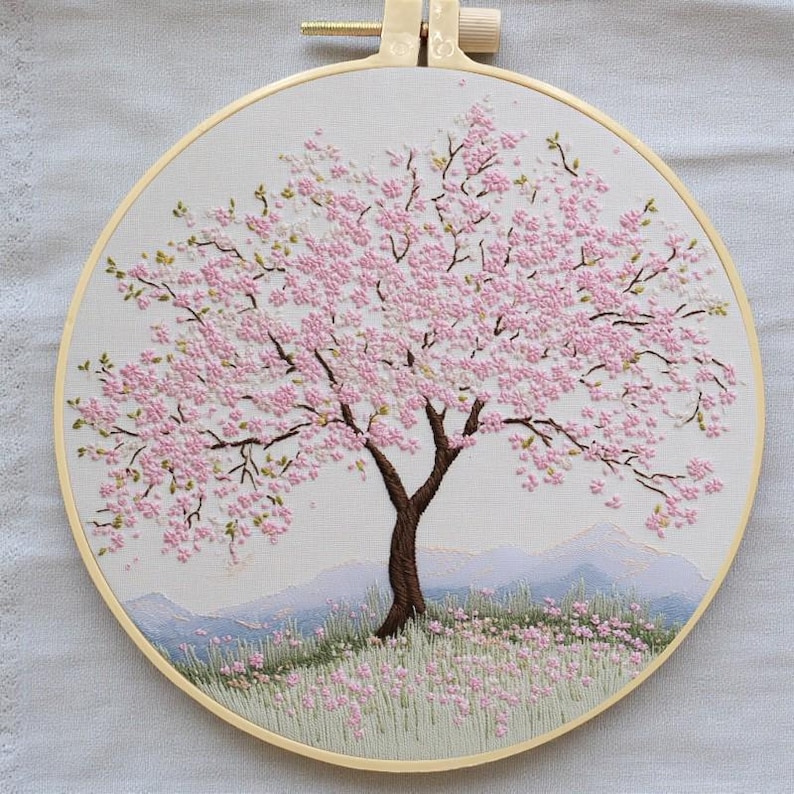 Cherry Blossom Embroidery Kit, Japanese Landscape, Beginner DIY Craft ...