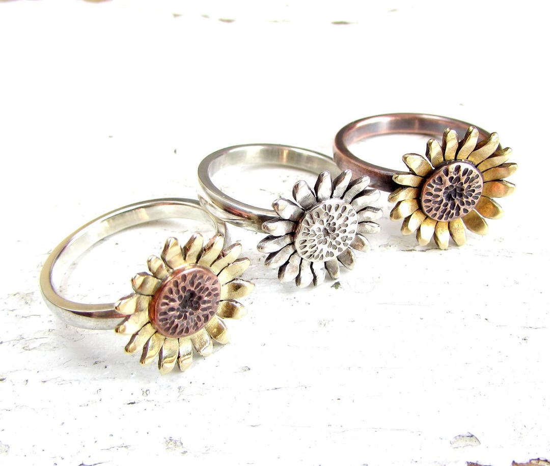 Sunflower Ring, Sunflower Jewelry, Copper Flower Ring, Sterling Silver ...