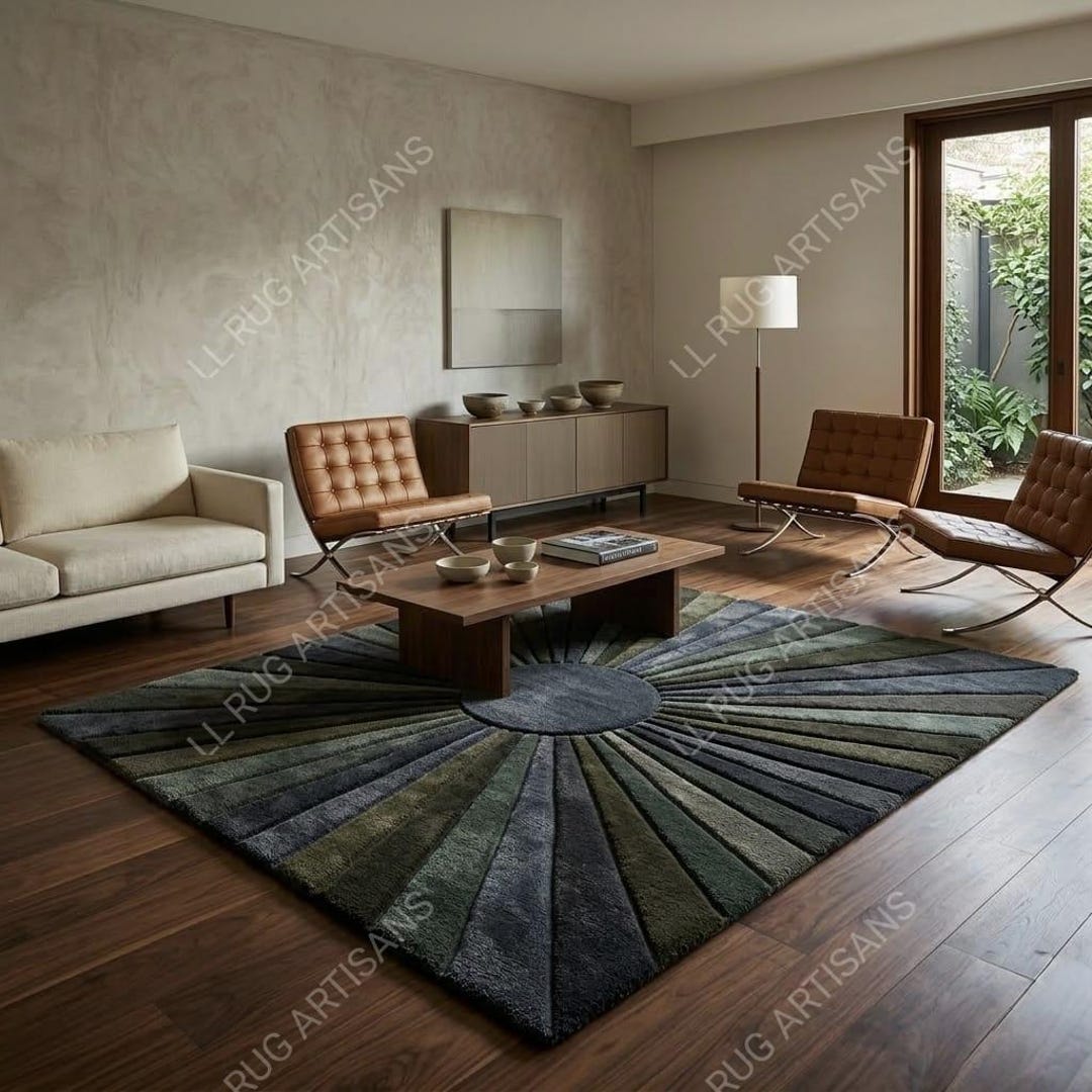 Modern Sunburst Hand Tufted Wool Rug, Geometric Radial Area Rug, Mid ...