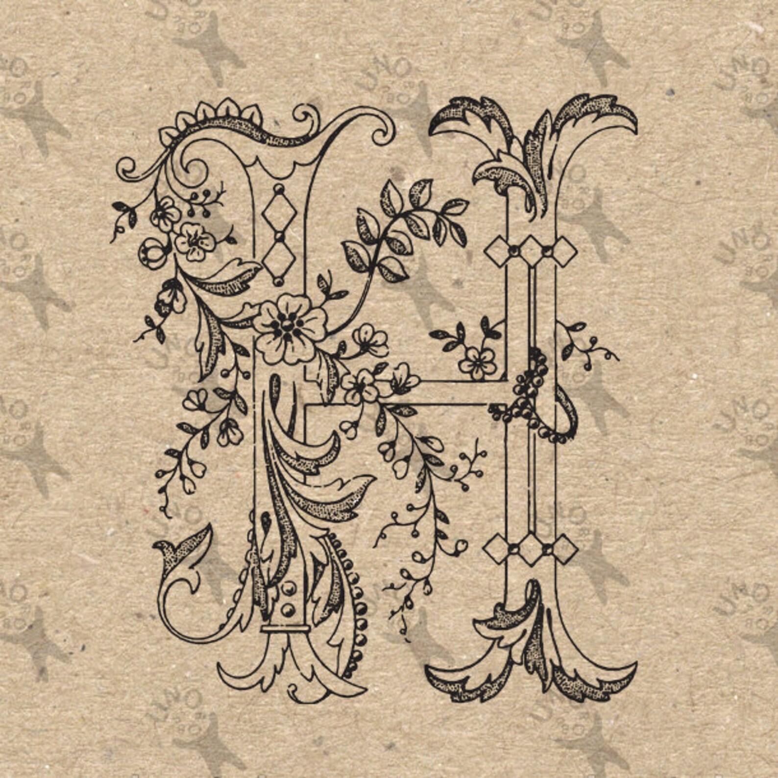 Vintage Monogram Initial Letter H Instant Download Digital | Etsy