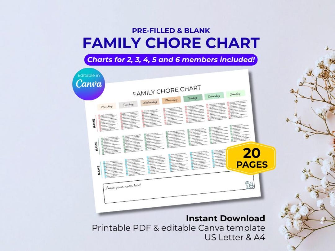 Printable Family Chore Chart Plan ADHD Household Management Guide Daily ...