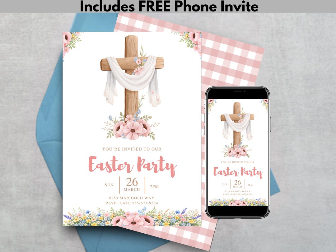 Editable Cross & Flowers Easter Invitation, Cute Spring Brunch Invite ...