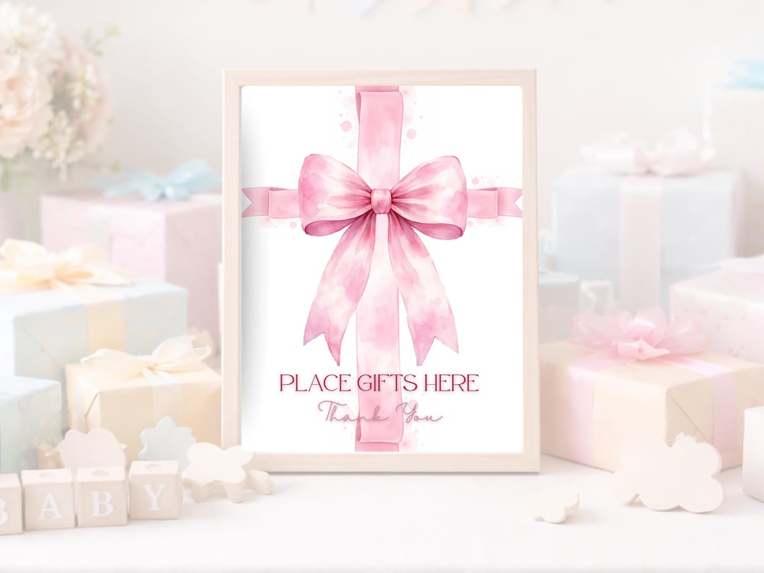 Editable Pink Bow Gift & Cards Table Sign, Elegant Watercolor Digital ...