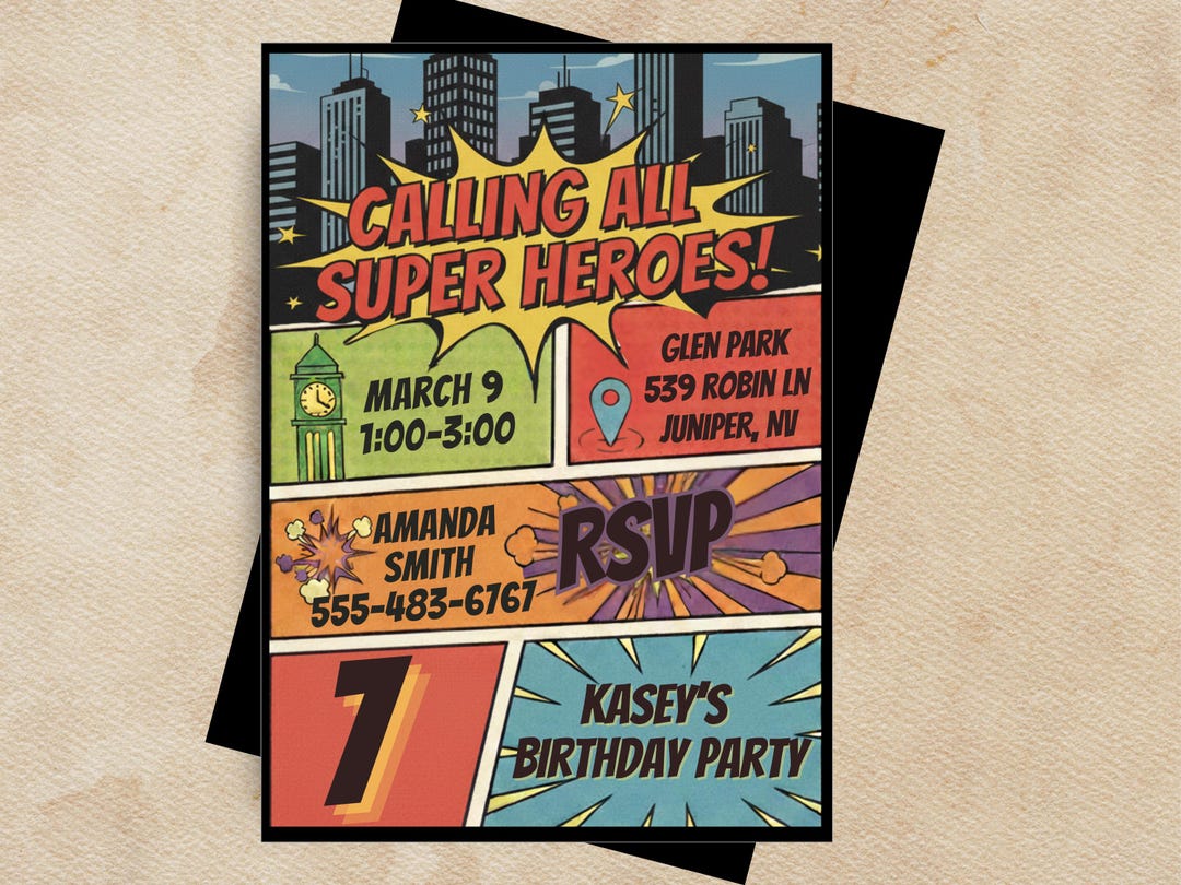 Editable Superhero Birthday Invitation, Comic Book Party Invites ...