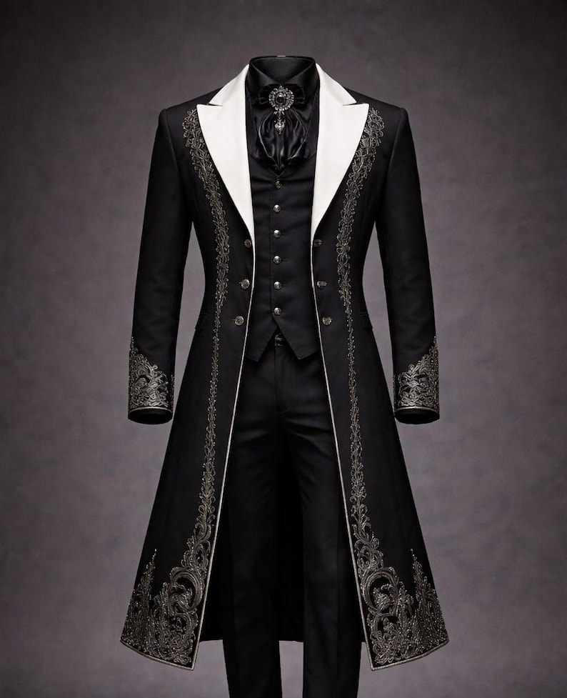 Midnight Sovereign Tailcoat – Black Victorian Embroidered Long Coat ...