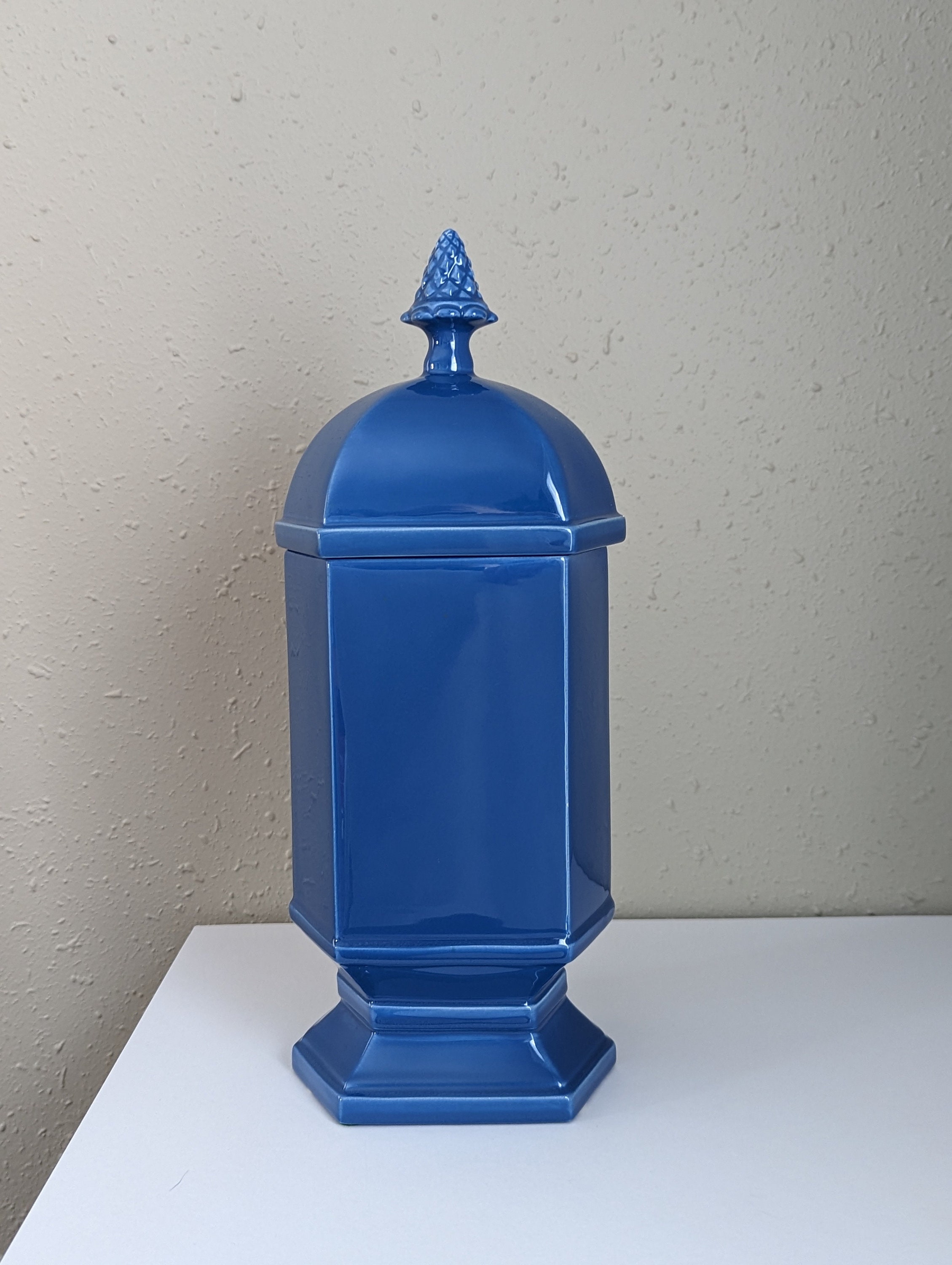 Vintage Ethan Allen Blue Geometric Temple Jar Ceramic Vase Urn With Lid ...