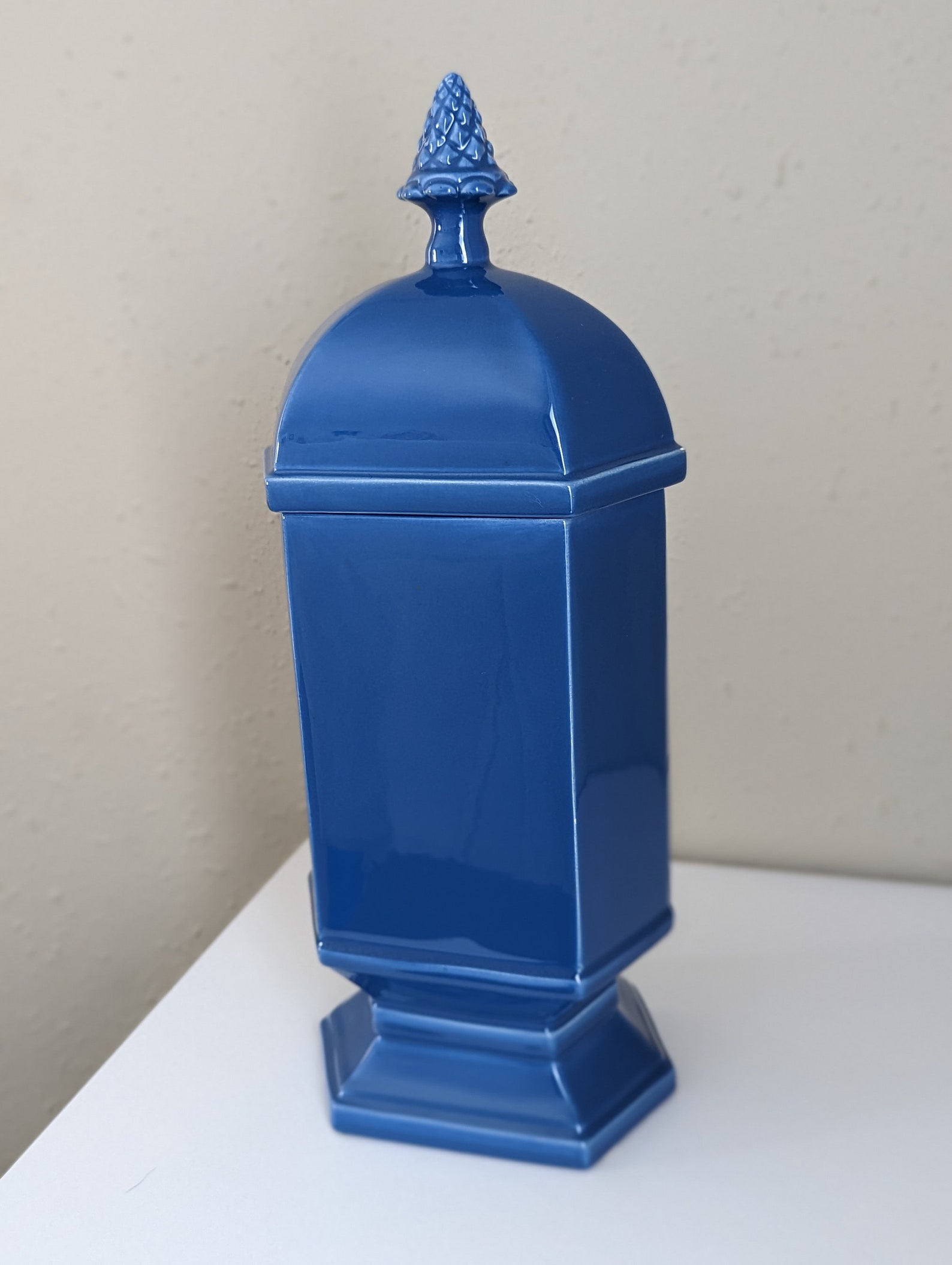 Vintage Ethan Allen Blue Geometric Temple Jar Ceramic Vase Urn With Lid ...