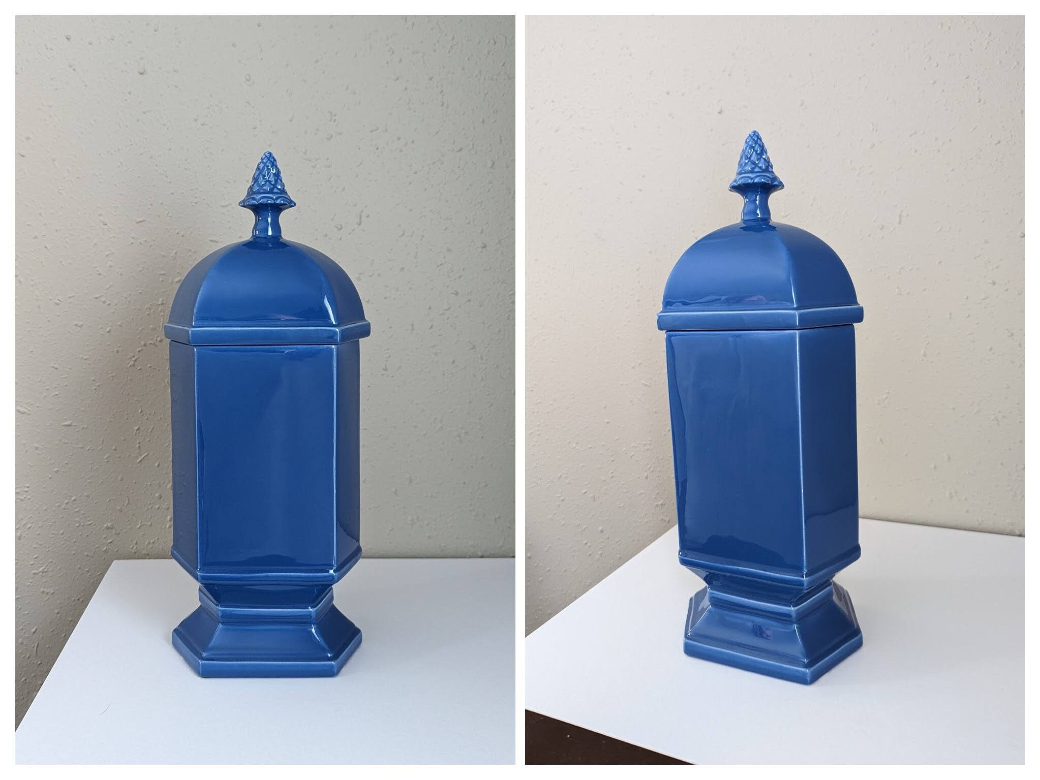 Vintage Ethan Allen Blue Geometric Temple Jar Ceramic Vase Urn With Lid ...