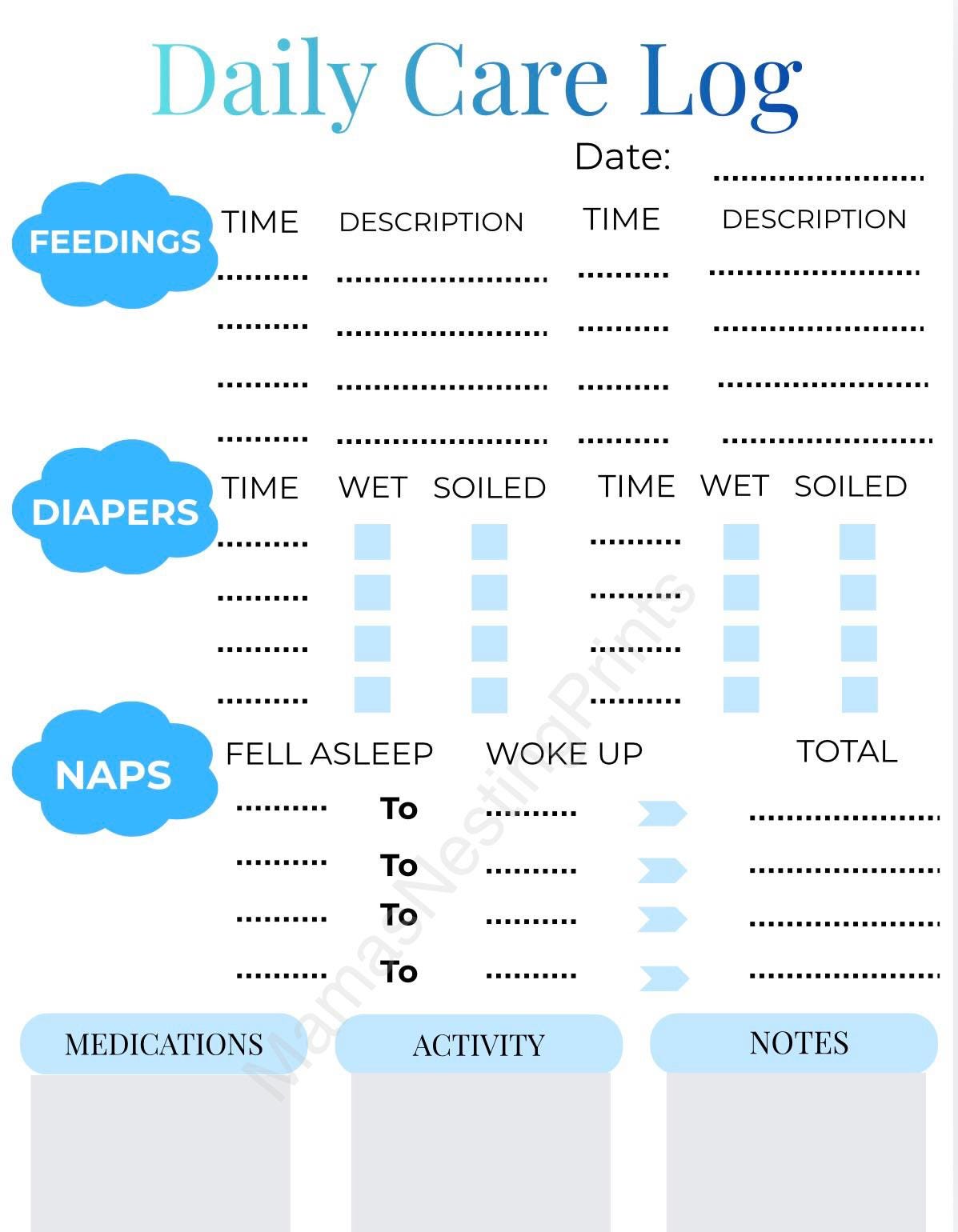 Printable One Page Baby Daily Log | Babysitter Report | Daycare Report ...