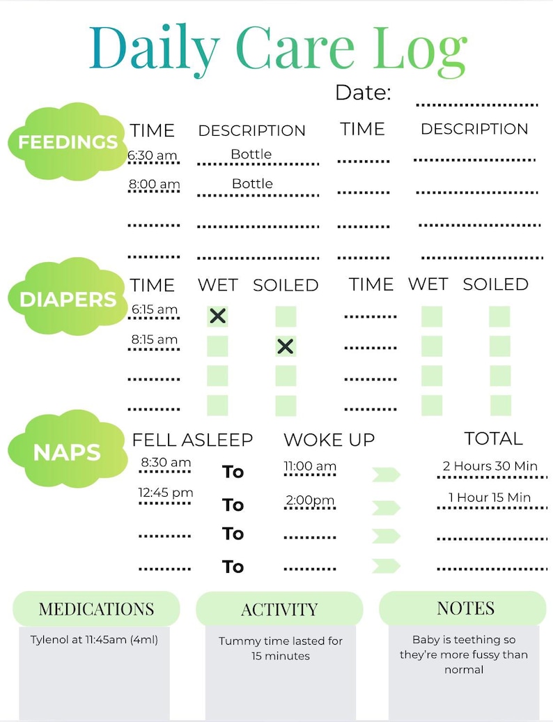 Printable One Page Baby Daily Log | Babysitter Report | Daycare Report ...